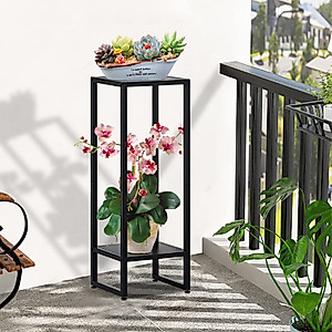 37.4" Tall Plant Stands Indoor, Plant Stand indoor Tall ,Plant Pedestal stand,Black Metal Plant Stands Indoor, 2- Tier Modern Corner Plant Stand Rack Shelves , Square Plant Tables for Corner Living