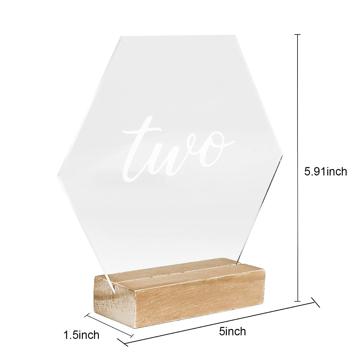 Hanna Roberts Modern Hexagonal Geometric Table Number Acrylic Signs with Wood Stands for Wedding Reception, Restaurant, Event Party, 5" x 1.5" x 5.9" (Cursive Geometric, Set of 10 (1-10))