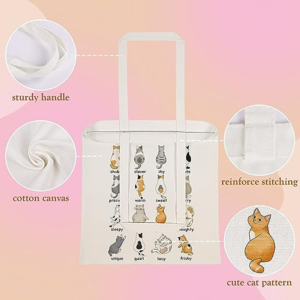 Louise Maelys Canvas Tote Bag for Women Cute Cat Aesthetic Cotton Bags Shopping Beach Reusable Grocery tote bag Makeup Bags