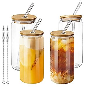 Jocuu Glass Cups with Lids and Straws, Set of 4 Beer Can Glasses, 16 oz each Ice Coffee Cup, Glass Tumbler, Drinking Jars, Drinking Glasses for Smoothie Boba Coffee Beer Tea