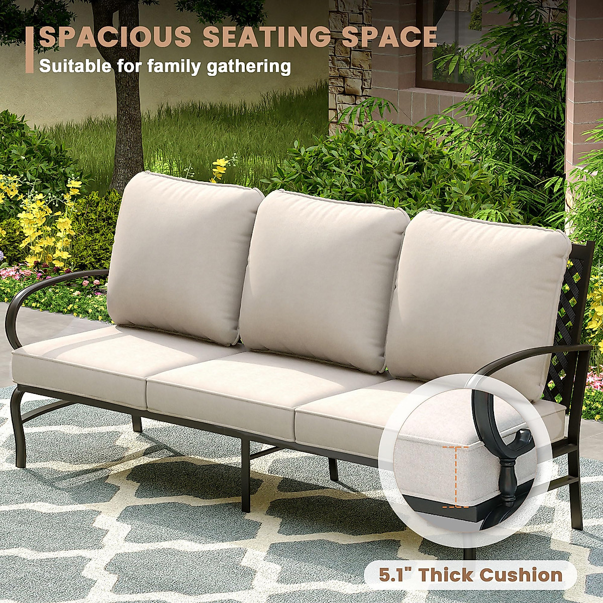 VICLLAX Patio Furniture Set 4 Pieces Outdoor Conversation Set, 3-Seat Sofa with 45" Ceramic Tabletop Fire Pit and 2 Swivel Sofa Chairs for Garden, Poolside, Backyard, Beige Cushion