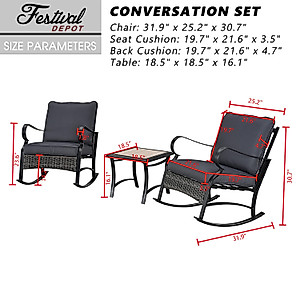 Festival Depot PE Wicker Rocking Chair Set, Patio Bistro Set, 3 Pieces Outdoor Furniture, Conversation Sofa Set of 2 Armchairs & Coffee Table with Removable Cushion All Weather Casual Craft Cozy Small
