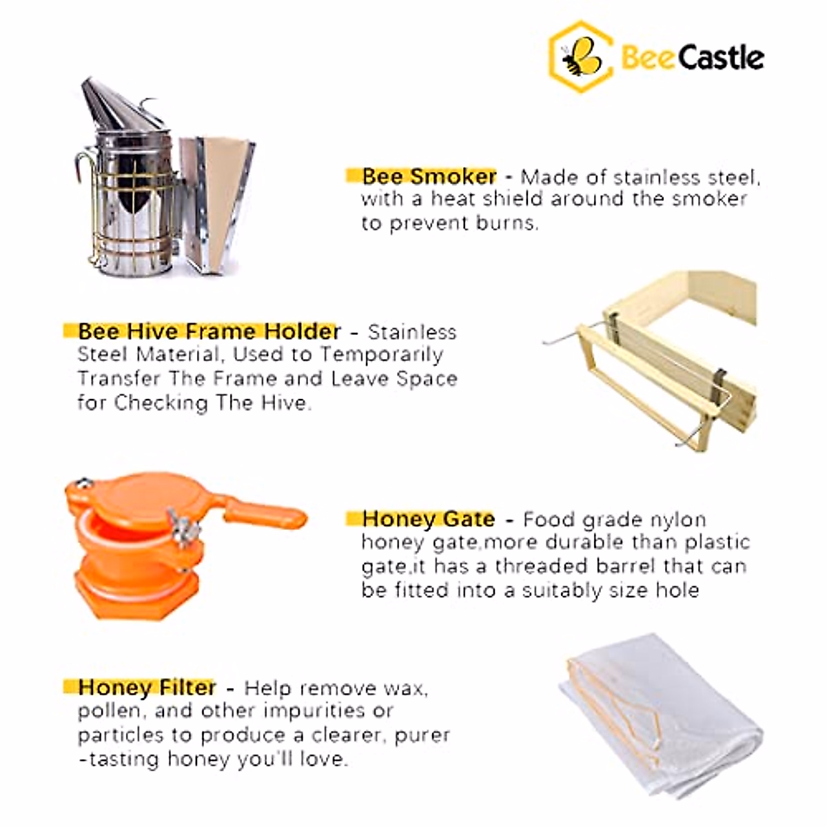 BeeCastle 8-Frame Bee Hives and Supplies Starter Kit,Beehive Kit Dipped in 100% Beeswax,Bee Keeping Supplies-All Beginners Kit Includes Beekeeping Supplies Tool Set and Bee Suit.