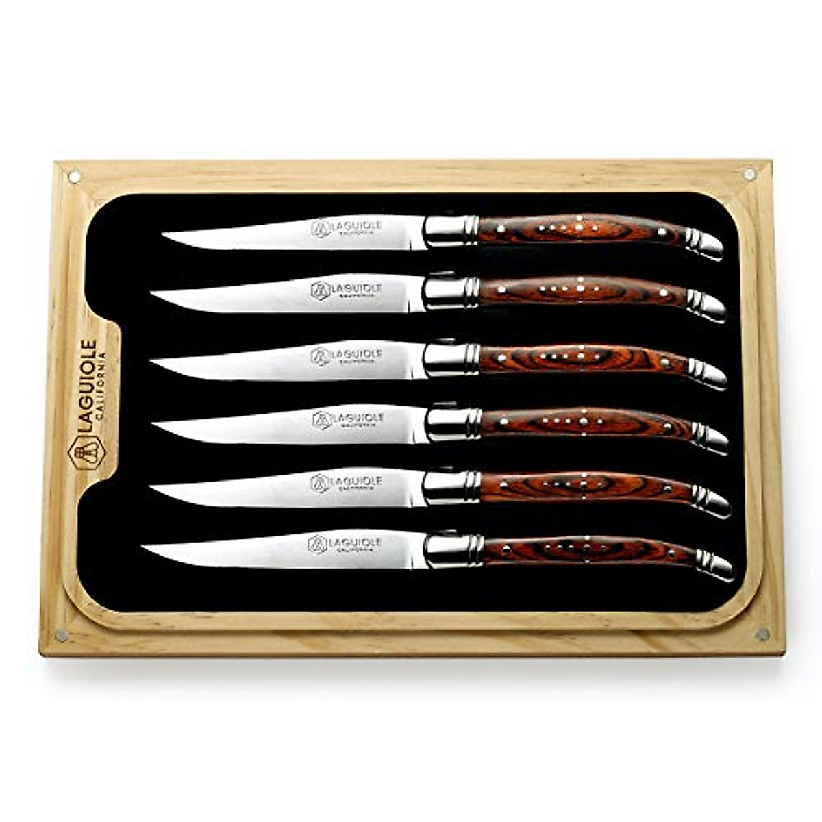 Laguiole California Steak Knives - 6 Piece Rosewood Set - Ergonomic Handles - Stored in a California Oakwood Gift Box - Extremely Sharp Straight Steel Blades are Thick Gauge, Full Tang