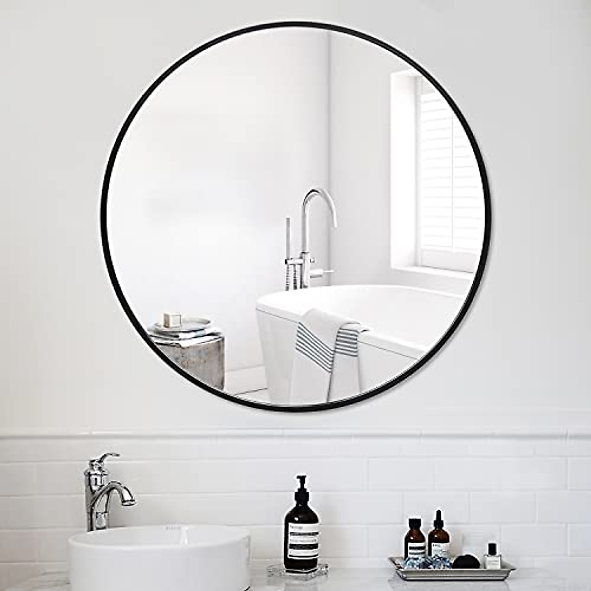 PexFix Circle Mirror 36”x 36” Aluminum Alloy Frame Modern Large Round Mirror Bathroom Vanity Mirror Wall Mounted Mirror Accent Mirror Black