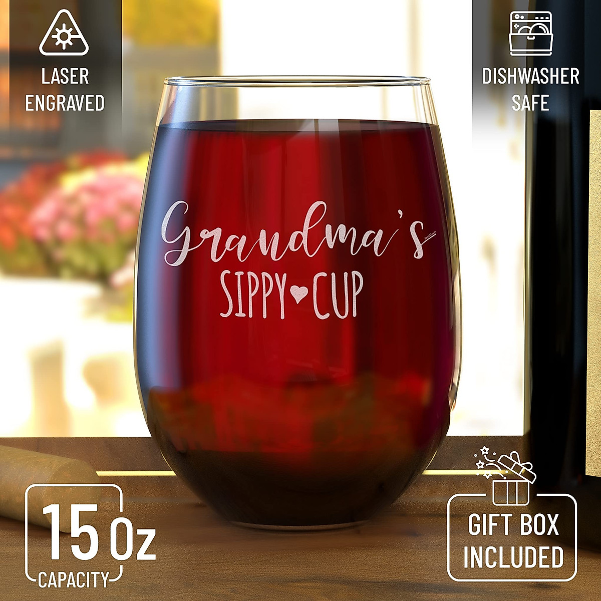 shop4ever Grandma's Sippy Cup Engraved Stemless Wine Glass 15 oz. Mother's Day Gift for Grandmother