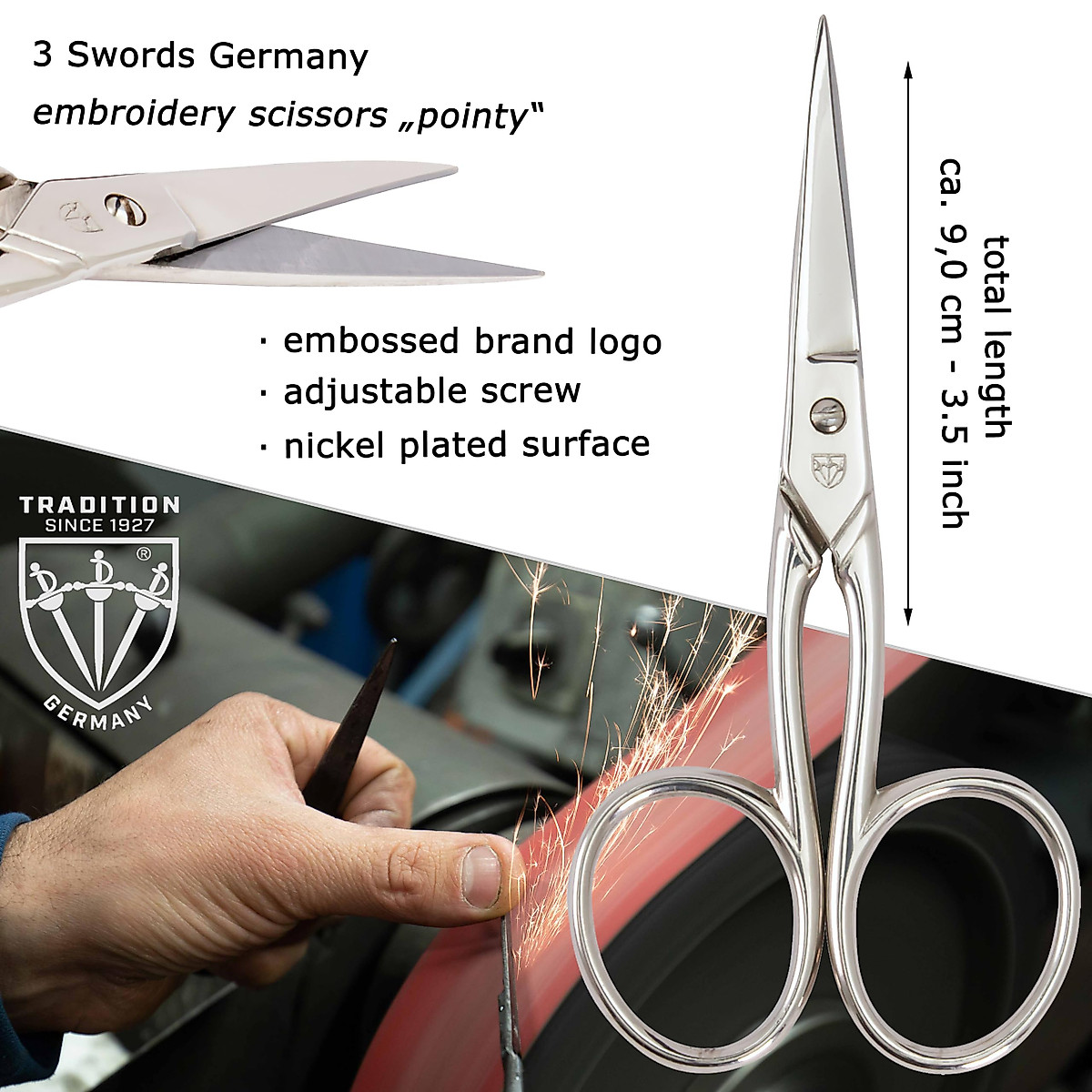 3 Swords Germany - Embroidery Scissors, Shears for Art Work, Daily Use in Household, Sewing, Art Work, Craft with black Synthetic Leather case