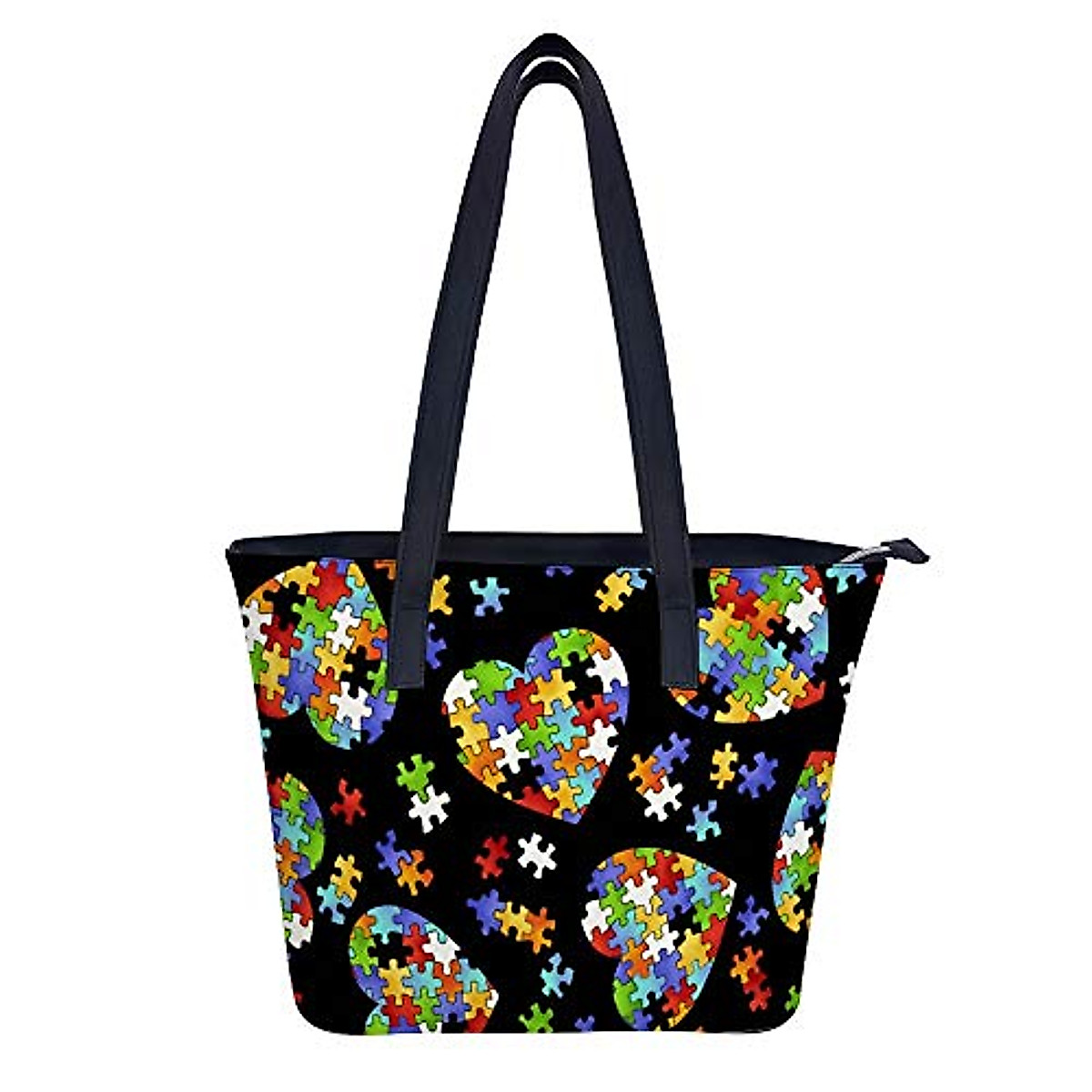 Funny Handbag Zipper Tote Bag Large Capacity Women Shoulder Bag for Daily Work School Business Travel (Colorful Autism Puzzle Pieces Heart)