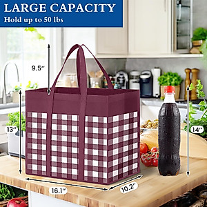 WISELIFE Reusable Grocery Shopping Bags 10 Pack Large Foldable Tote Bags Bulk, Eco Produce Bags with Long Handle for Shopping Groceries Clothes (Plaid C)