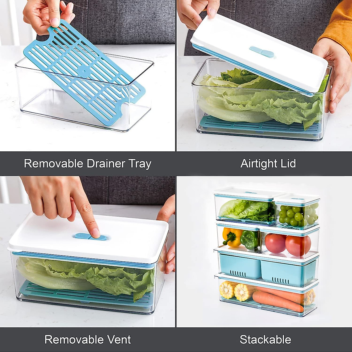 Lille Home Stackable Produce Saver, Organizer Bins/Storage Containers with Removable Drain Tray, Set of Six, for Refrigerators, Cabinets, Countertops and Pantry, BPA Free (Blue,Set of Six)