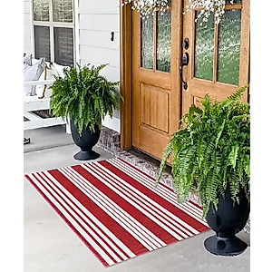 Striped Outdoor Rug for Porch 24"x51" Red and White Front Porch Rug Layered Doormat Cotton Woven Washable Throw Carpet for Hallway/Front Steps/Bathroom/Kitchen/Home Entrance