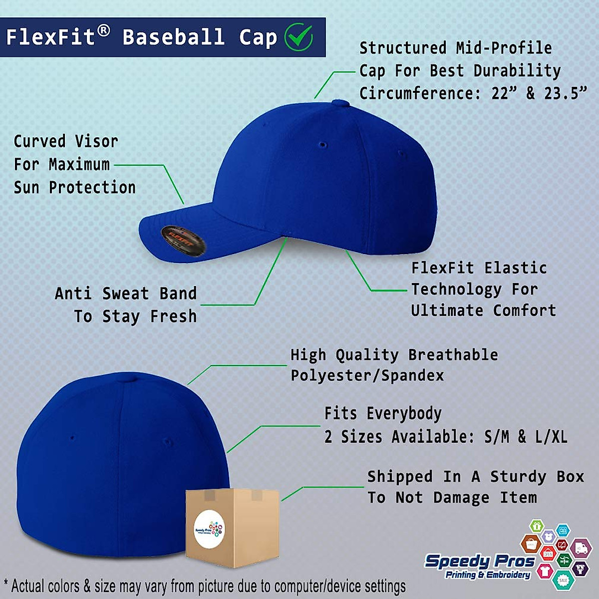 Flexfit Hats for Men & Women Custom Personalized Text Polyester Dad Hats Baseball Cap Royal Blue Large XLarge