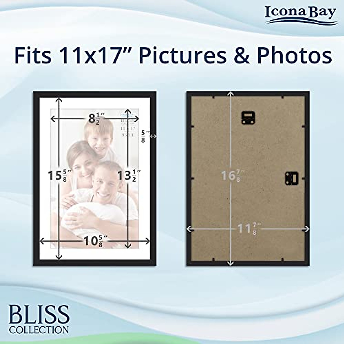 Icona Bay 11x17 Black Picture Frame Fits 16x10 Photos with Mat to 9x14 Image, Modern Style Wood Composite Poster Frame, Wall Mount Only, Bliss Collection