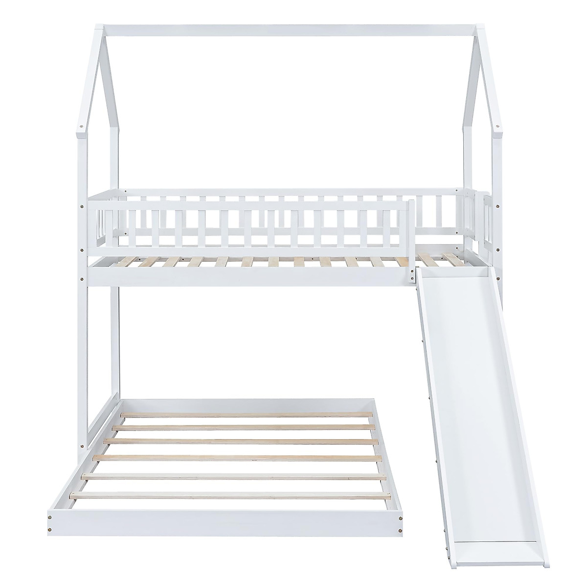 Harper & Bright Designs House Bunk Bed with Slide, Wood Twin Over Full L-Shape Bunk Bed Frame with Roof, Full-Length Guardrail, Built-in Ladder for Kids Teens, No Spring Box Required (White)