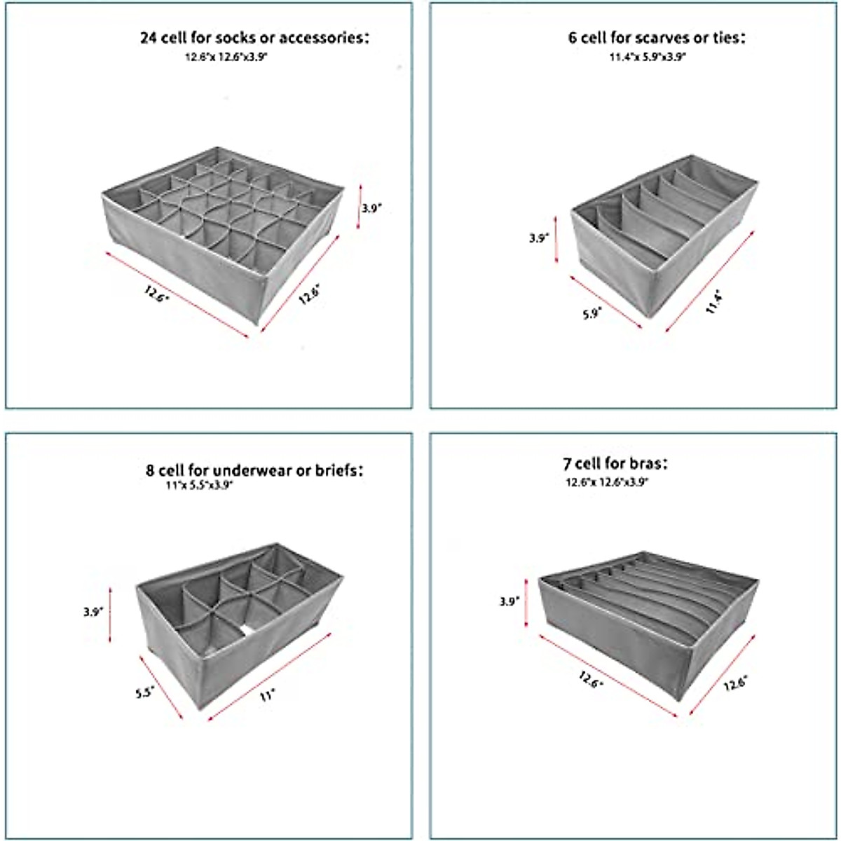 ZUIDSYI 4 Pack Sock Underwear Drawer Organizer Dividers, Foldable Fabric Dresser Closet Organizers Box and Storage Bins for Clothing Bras Lingerie Undies Socks Undies Scarf Ties Belt