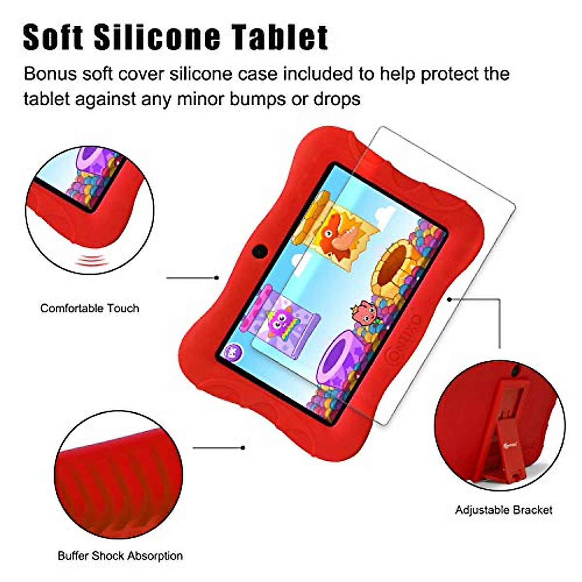 Contixo 7 Inch Kids Learning Tablet - Parental Control 32GB Android 11, for at Home School Children Infant Toddlers - Pre-Loaded Disney E-Books Apps, Child-Proof Case, Great Gift for Children (Red)