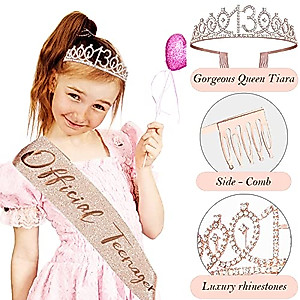 8pcs 13 Birthday Decorations for Girls, Including 13th Happy Birthday Cake Toppers, Birthday Queen Sash with Pearl Pin, Sweet Rhinestone Tiara Crown, Number Candles and Balloons Set, Rose Gold