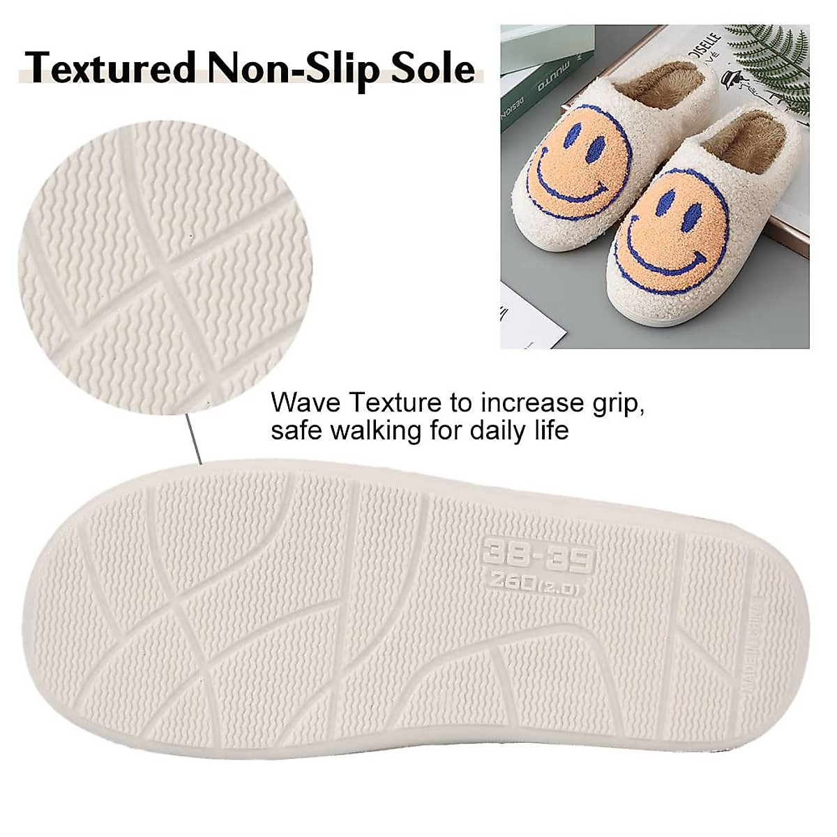 FACAXEDRE Smile Face Slippers for Women Fuzzy Happy Face for Woman Ladies Bedroom Woman Indoor and Outdoor Retro Home House Beige 7-8