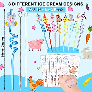 40 Pieces Farm Animals Straws Goodie Gifts, 6 Sheets Farm Animals Tattoos Sticker 32 Pcs Plastic Reusable Farm Animals Drinking Straws with 2 Cleaning Brushes for Kids Birthday Farm Party Supplies