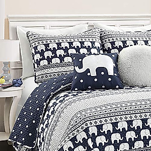 Lush Decor Elephant Stripe 5 Piece Quilt Set, Navy, Full Queen