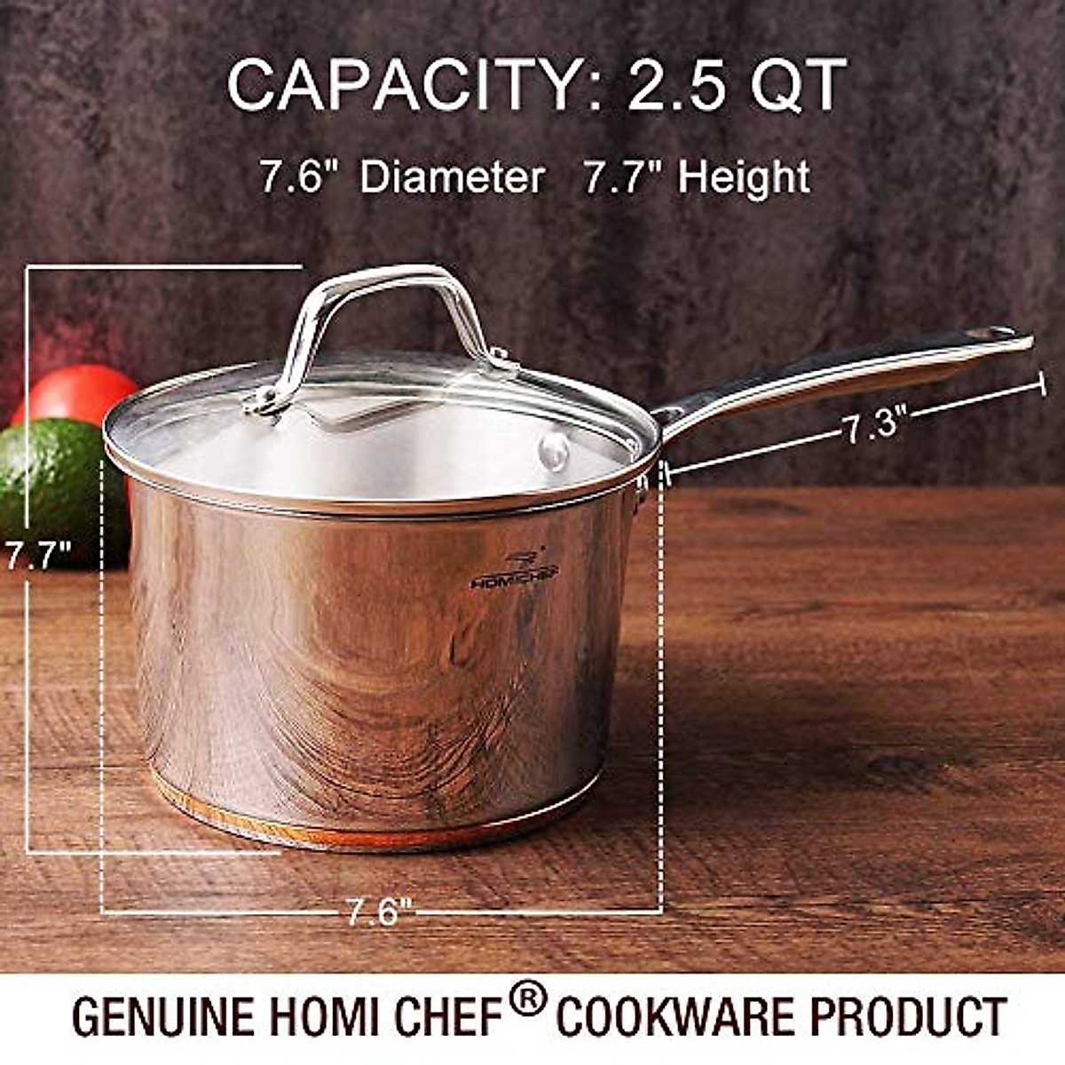 HOMI CHEF Mirror Polished NICKEL FREE Copper Band Stainless Steel 2.5 QT Sauce Pan with Glass Lid (No Toxic Non Stick Coating, 7 Inch) - Cookware Set - Cookware Pots And Pans Sets