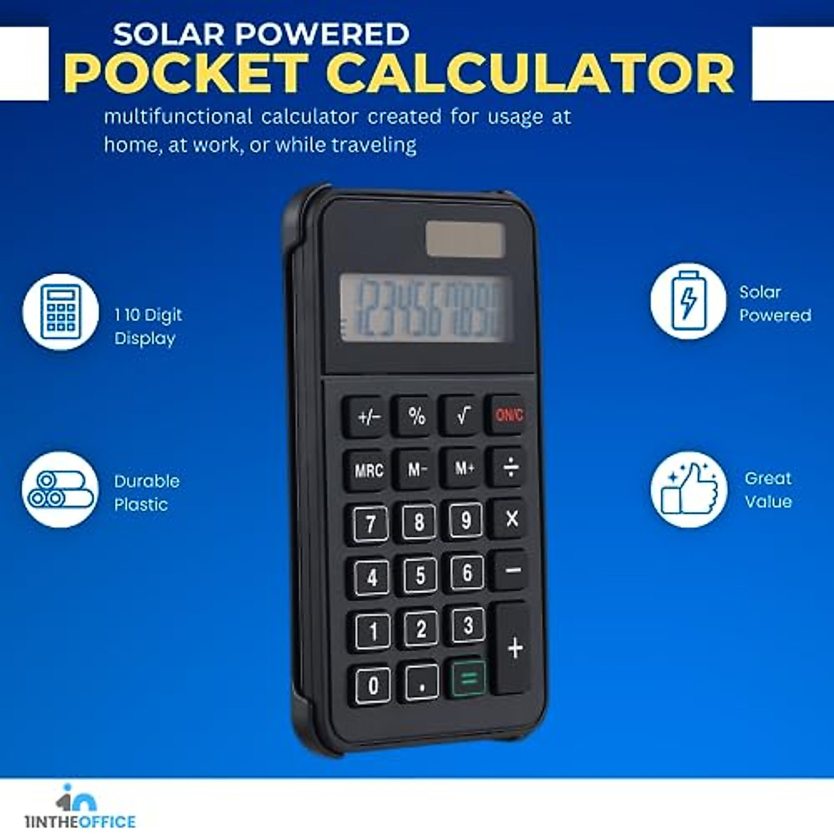 1InTheOffice 10 Digit Pocket Calculator, Office Calculator, Dual Powered Handheld Calculator, Solar and Battery, Black, 1 Pack