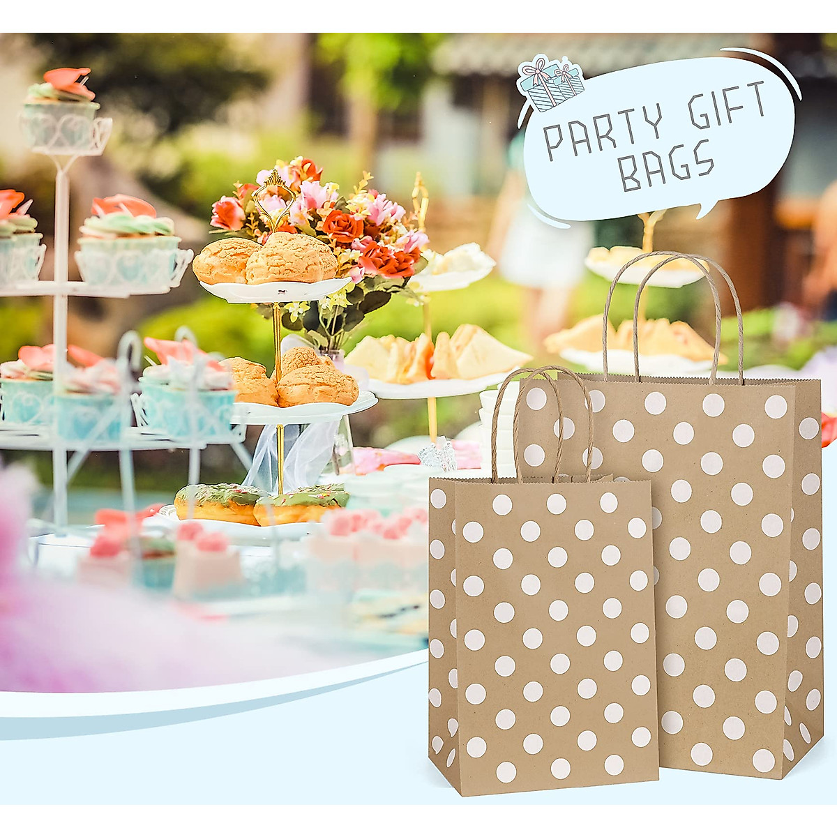 BagDream Small Paper Gift Bags 25Pcs 5.25x3.75x8 Inches Kraft Paper Bags with Handles, Paper Shopping Bags Party Bags Recyclable Kraft Bags Brown Dot Party Bags