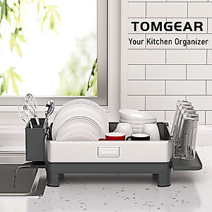 TomGear Large Dish Drying Rack, Dish Drainers with 360°Rotatable Spout, Cup Holder, Utensil Holder and Removable Drainboard, Space-Saving Dish Drainers for Kitchen Counter