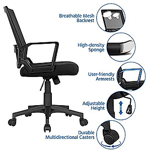 Yaheetech Office Desk Chair Mesh Computer Chair Rolling Executive Chair Mid Back Adjustable Desktop Chair with Lumbar Support Swivel Task Chair for Women Adults and Students, Black