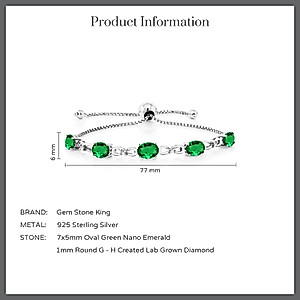 Gem Stone King 925 Sterling Silver Green Nano Emerald and White Lab Grown Diamond Tennis Bracelet For Women (3.02 Cttw, Gemstone May Birthstone, Oval 7x5MM, Fully Adjustable Up to 9 Inch)