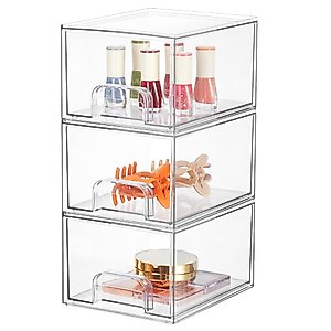 Syntus 3 Piece Set Stackable Makeup Organizers, 4.4'' Tall Acrylic Drawer Organizer, Clear Plastic Cosmetics Storage Drawers for Vanity, Undersink, Bathroom Organizer, Skincare, Kitchen Cabinets