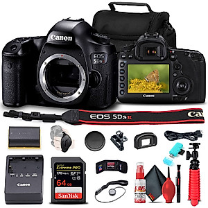 Canon EOS 5DS R DSLR Camera (Body Only) (0582C002) + 64GB Memory Card + Card Reader + Case + Flex Tripod + Hand Strap + Cap Keeper + Memory Wallet + Cleaning Kit (Renewed)