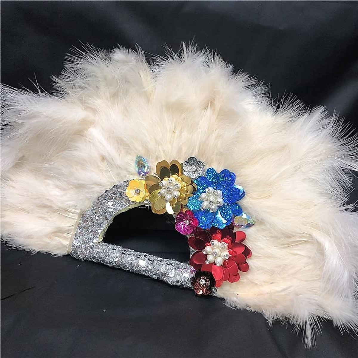 Msbfea African Wedding Party Feather Fan Big Size African White Feather Wedding with Shiny Sequins Flower Feather Fan Color 322