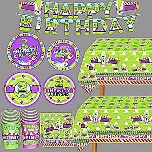 METIXOZE Two Infinity and Beyond Birthday Decorations Buzz Cartoon Light inspired Year Toy Inspired Story Birthday Party Supplies 2nd Birthday include Banner Table Cloth Plate Napkins and Cups