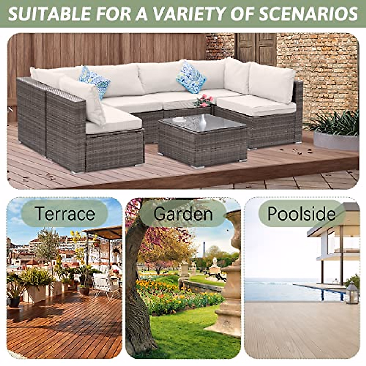 MEINV 7 Piece Patio Furniture Sofas Set, PE Rattan Sectional Couch Conversation Sets, Outdoor Waterproof Sofa Chair Wicker with Coffee Table and Cushion for Homes Porch Deck Gardens (Brown-Apricot)