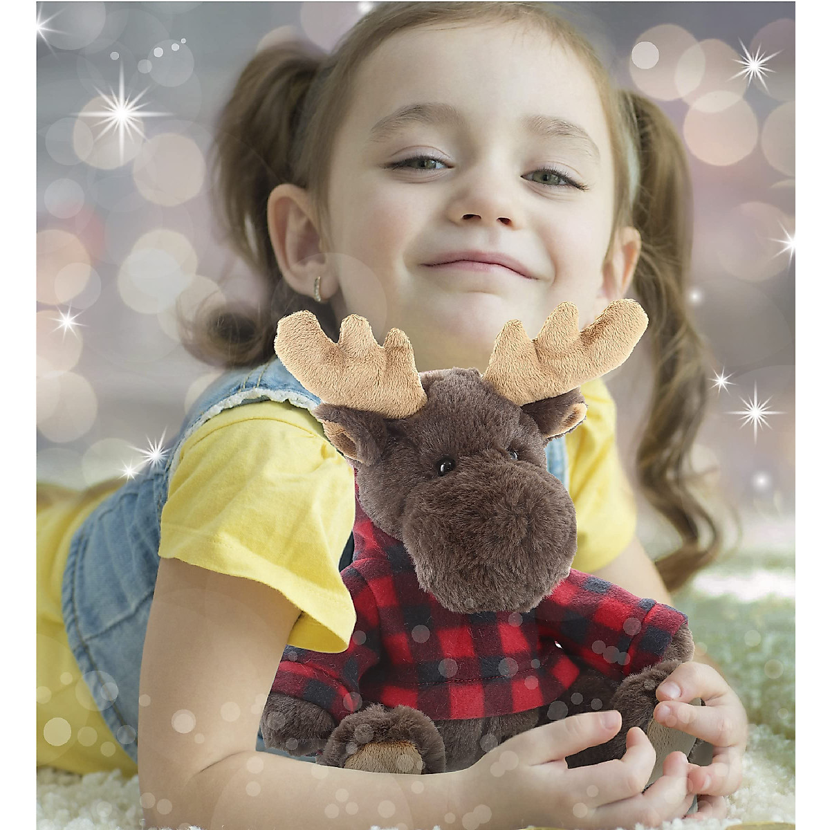 DolliBu Plush Moose with Red Plaid Hoodie - Soft Huggable Wild Life Moose, Adorable Playtime Zoo Moose Plush with Clothes, Cute Wildlife Cuddle Gift for Kids and Adults
