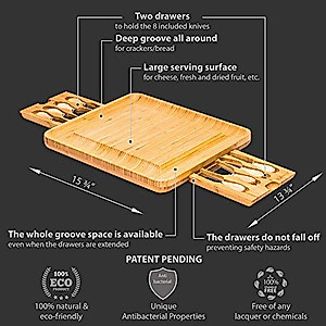 Extra Large Bamboo Cheese Board and Knife Set - Natural Charcuterie Serving Platter for Crackers, Meat, and Wine. Double Drawer with 8 Knives. Anniversary, Wedding, Birthday Gifts
