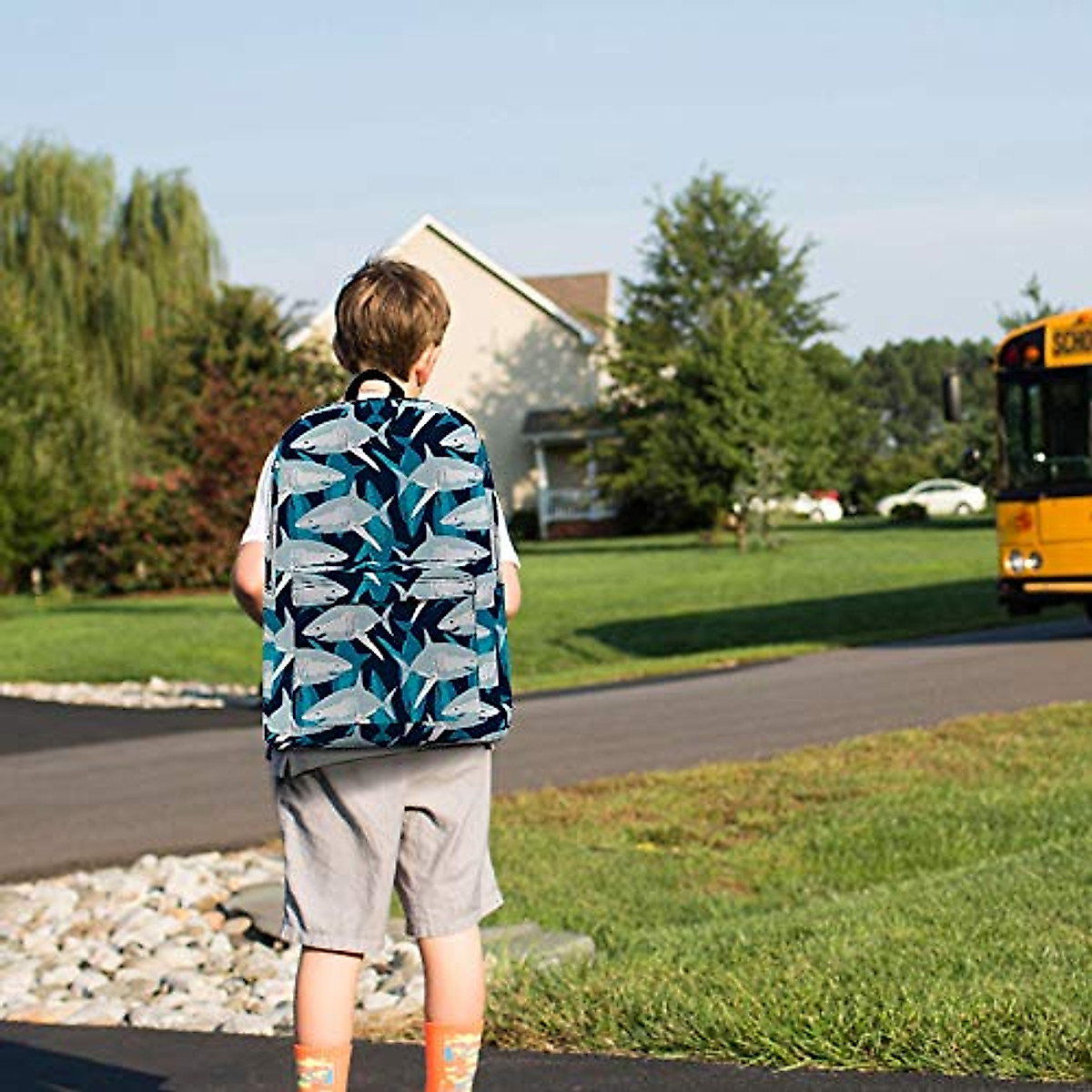 YCGRE Shark School Backpack, Lightweight Cute Kids Backpack Classic Bookbag Cool Daypack for Teen Boys Girls High School Student, 17 Inch