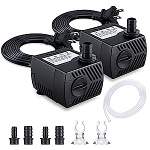 Submersible Fountain Pump 2 Packs 80GPH (4W 300L/H), Quiet Water Pump with 2.6ft High Lift, Fountain Water Pump with 9.8ft（3m）Tubing, 3 Nozzles for Fish Tank, Aquarium, Hydroponics, Statuary, Pond