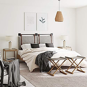 Nathan James Harlow Modern Wall Mount Hanging Upholstered Headboard, Queen, Gray with Brown Faux Leather Straps