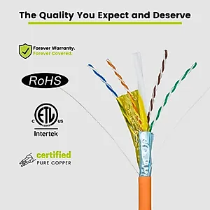 trueCABLE Cat6A Shielded Plenum (CMP), 1000ft, Orange, 23AWG Solid Bare Copper, 750MHz, PoE++ (4PPoE), ETL Listed, Overall Aluminum Foil Shield (F/UTP), Bulk Ethernet Cable