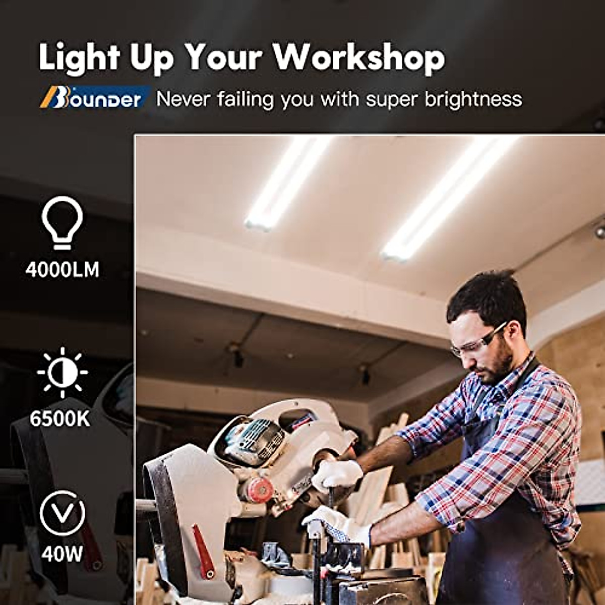 BBOUNDER 20-Pack Linkable LED Utility Shop Light, 4 FT, 4000 LM, 6500K Cool Daylight, 48 Inch Integrated Fixture for Garage, 40W Equivalent 250W, Surface + Suspension Mount, White