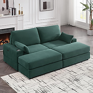 KIVENJAJA 82.7” Corduroy Sectional Couch, Double Chaise Lounge Sofa, Deep Seat Oversized Loveseat with Ottomans, Cup Holder & USB Port for Living Room Apartment Small Space, Green