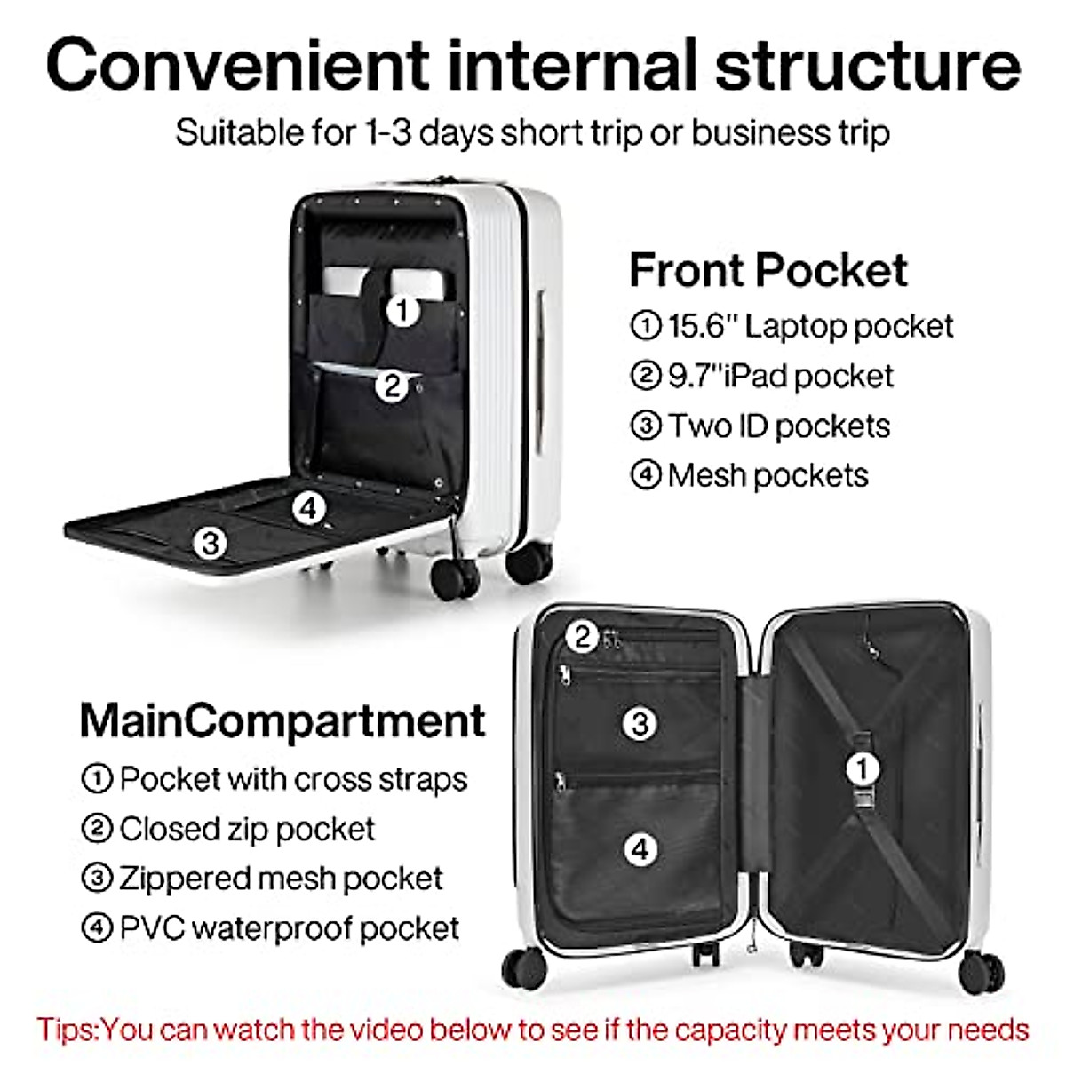 Hanke Carry On Luggage Airline Approved, TSA Luggage Lighiweight Carry On Suitcase hard shell Travel Luggage Suit Case with Wheels Rolling Luggage with Front Pocket(Grayish white)