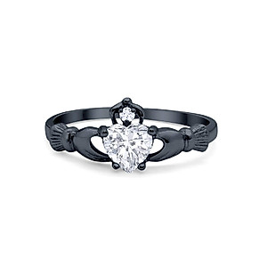 Blue Apple Co. Black Tone, Simulated Cubic Zirconia Size-6 Claddagh Accent Wedding Ring Heart Shape Round CZ 925 Sterling Silver