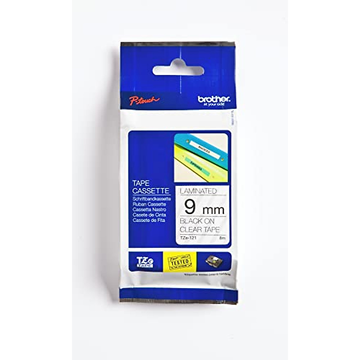 Brother Genuine P-Touch TZE-121 Tape, 9 mm (0.35") Standard Laminated P-Touch Tape, Black on Clear, Laminated for Indoor or Outdoor Use, Water-Resistant, 26.2 ft (8 m), Single-Pack
