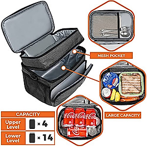 opux Insulated Lunch Bag for Men Women, Large Dual Compartment Cooler Bag, Soft Two Deck Lunch Box for Work School Picnic, Leakproof Lunch Tote with Strap for Kid Adult (Charcoal Gray, Double Deck)