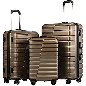 Coolife Luggage Expandable Suitcase set PC ABS TSA Lock Spinner Carry on 3 Piece Sets (brown)
