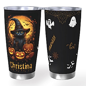 LoGiftFor Personalized Halloween Black-Cat Tumbler - Witch Pumpkin Halloween Gifts For Women Men - Spooky Season Cat Gift For Cat Lovers - Custom Halloween Tumblers Coffee Cup 20oz Lid