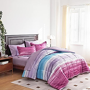 Flysheep 7 Pieces Bed in a Bag King Size, Gradient Purple Red Teal Ombre Boho Striped Comforter Sheet Set, Vibrant Clolorful Patchwork Rainbow Bohemian Bedding Set for All Season
